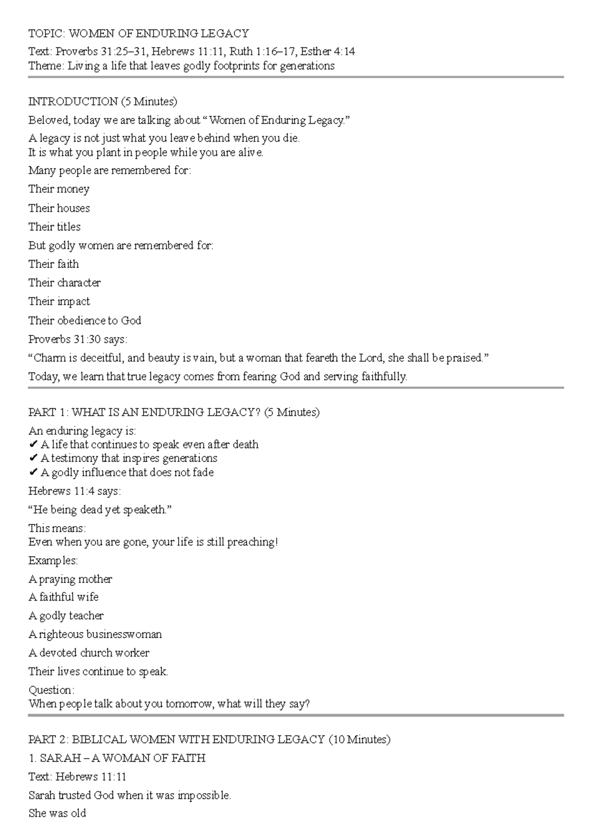 Women of Enduring Legacy: Lessons from Biblical Examples - Studocu