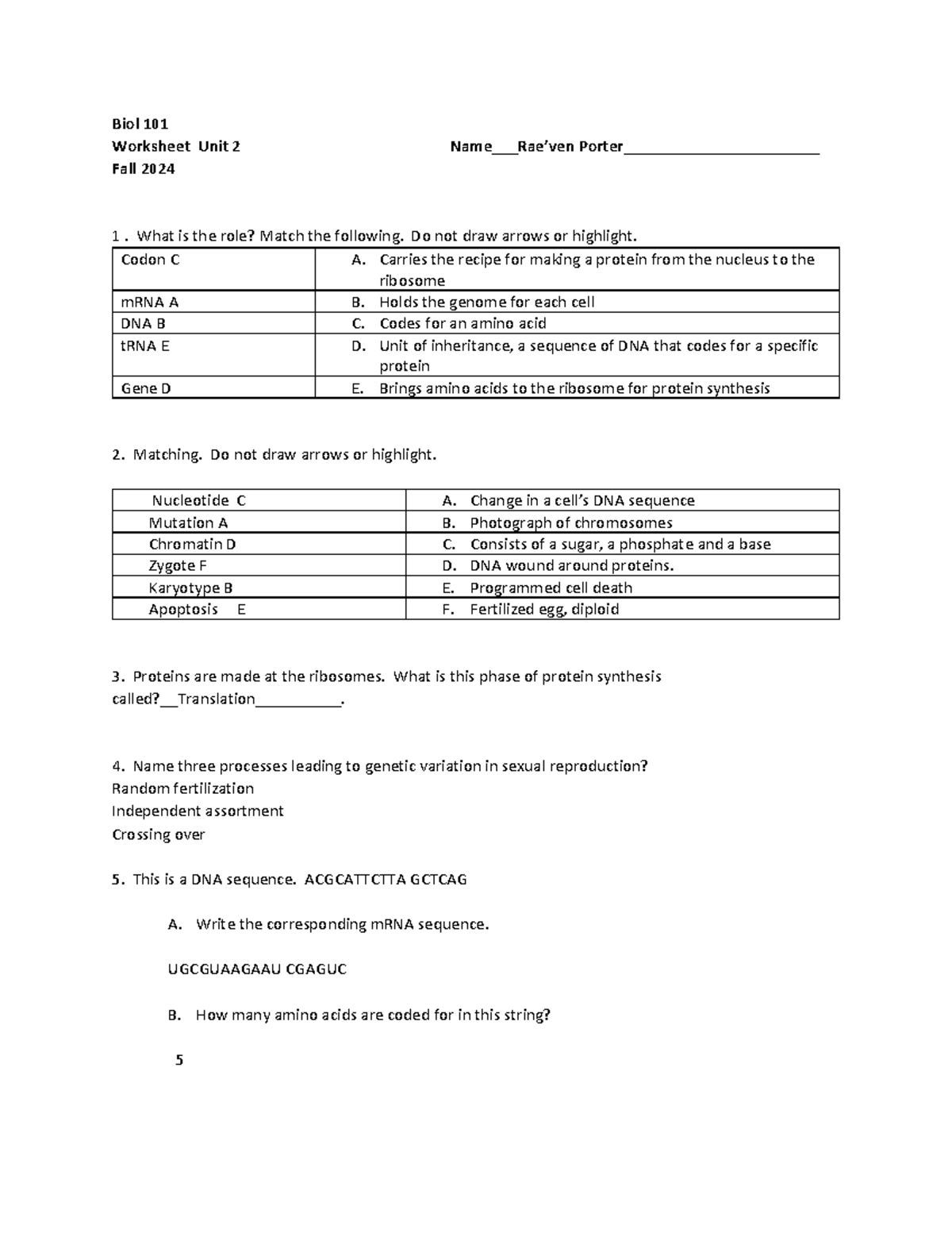 Worksheet Unit 2 Fall 2024 - Biol 101 Worksheet Unit 2 Name___Rae’ven ...