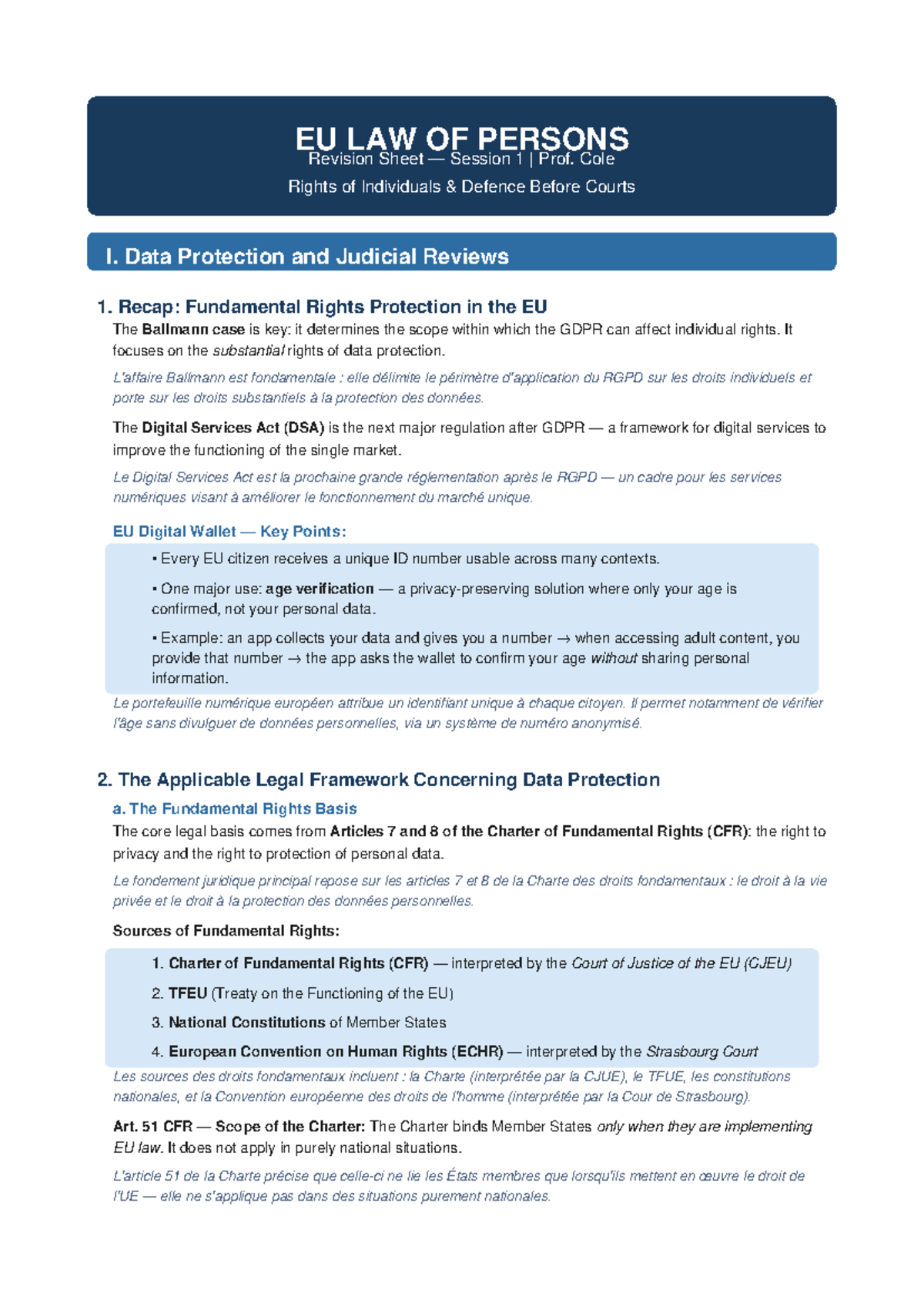 EU LAW OF PERSONS Revision Sheet — Session 1 | Prof. Cole - Studocu