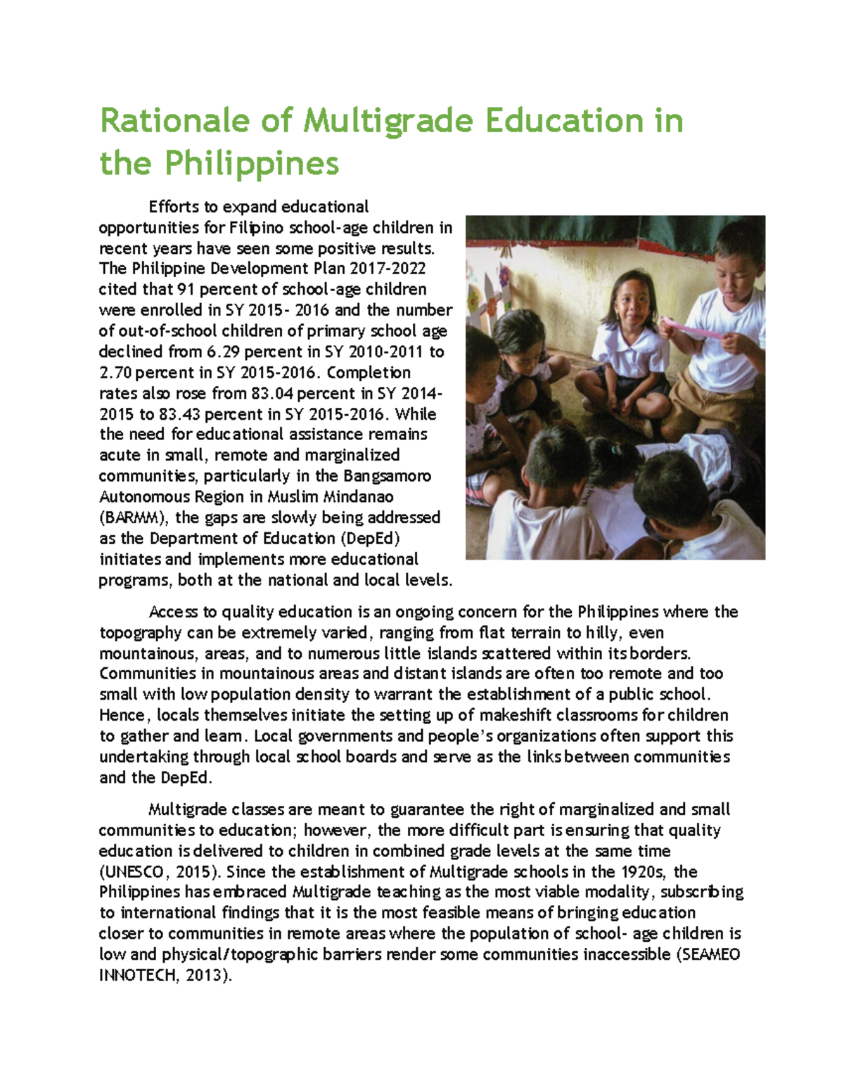 Rationale for Multigrade Education in the Philippines: A Study Analysis ...