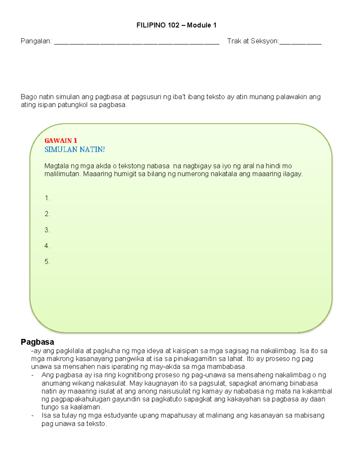 Filipino 102- Module 1 - Pagbasa at Pagsusuri g iba't ibang Teksto ...