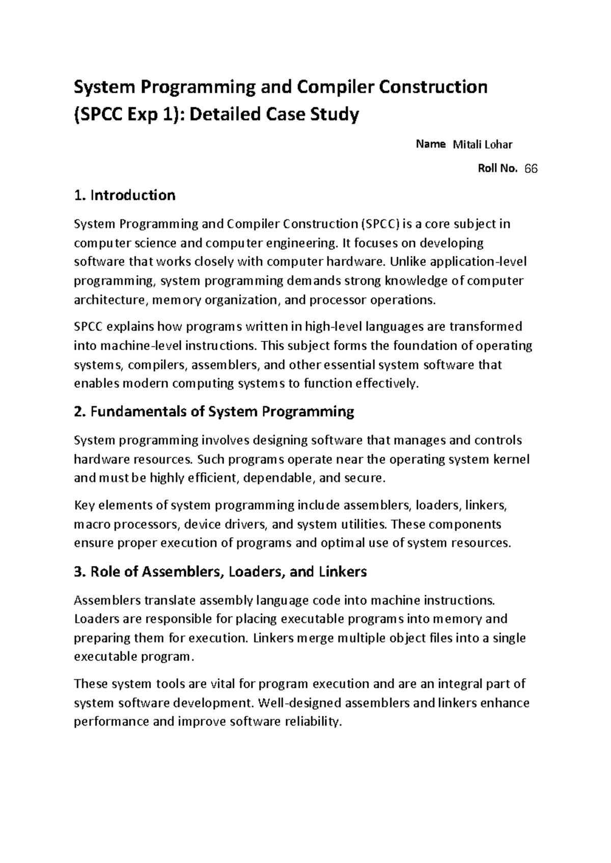 SPCC Exp 1: In-Depth Case Study on System Programming & Compilers - Studocu