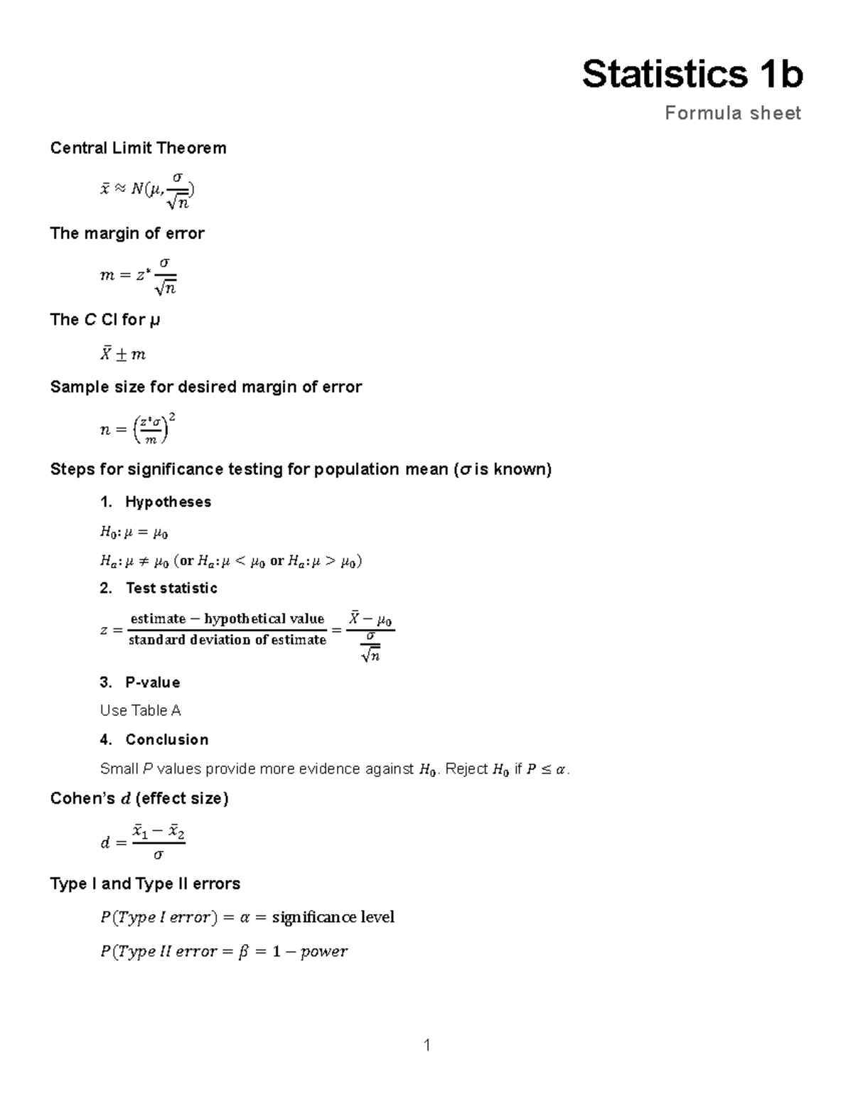Statistics 1b Final Exam Formula Sheet: Central Limit Theorem & Testing ...