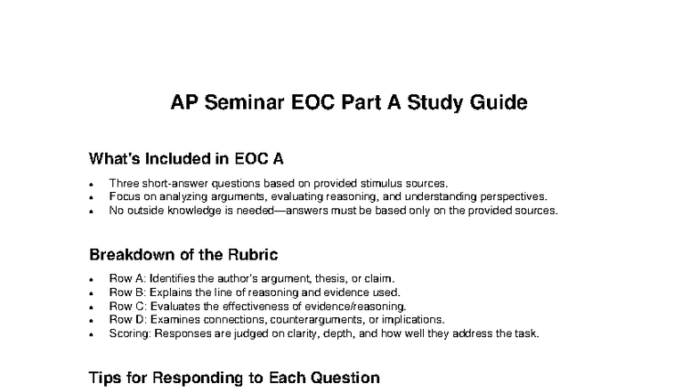 AP Seminar EOC Part A Study Guide: Analyzing Arguments & Reasoning ...