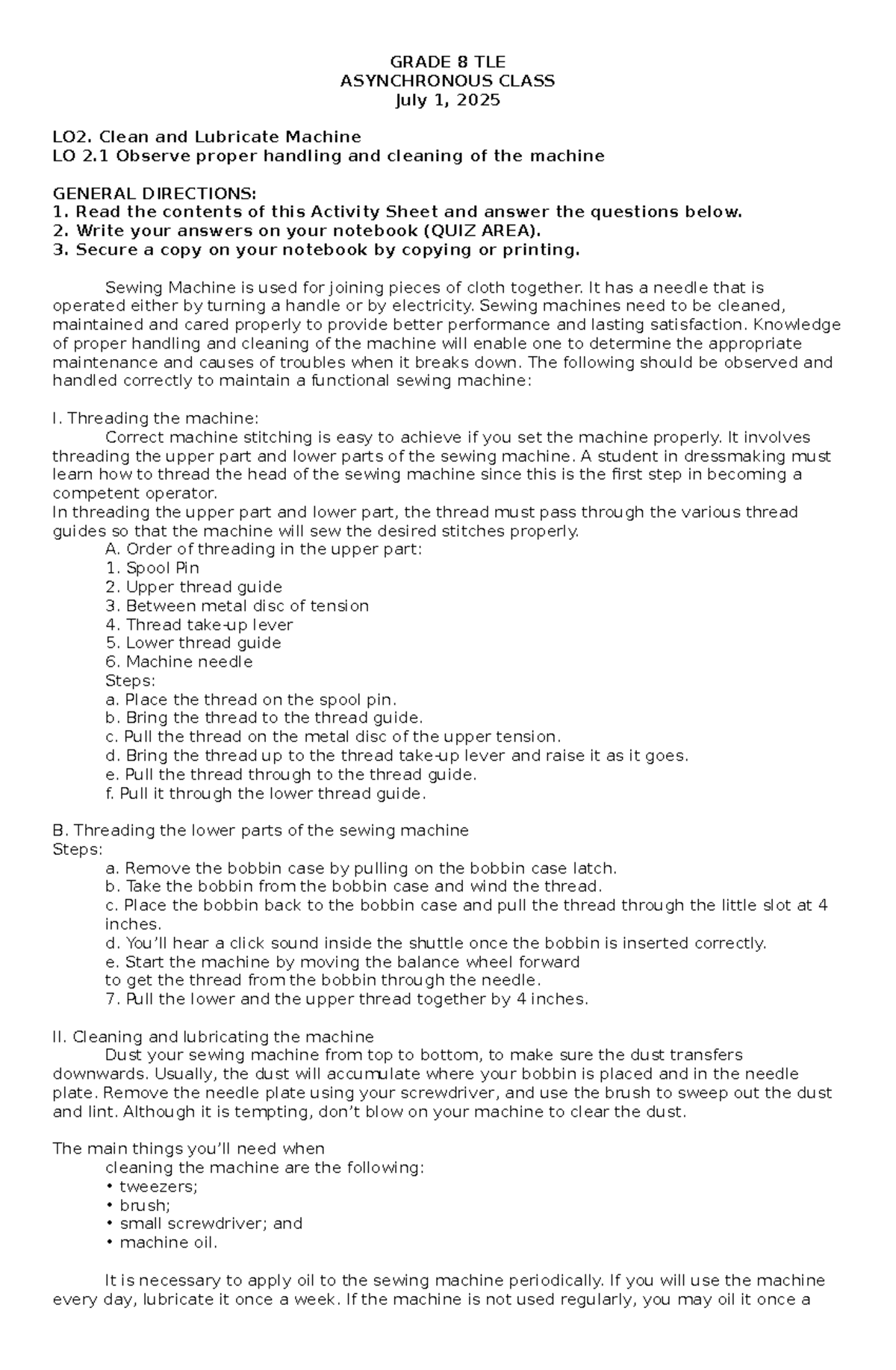 Asynchronous Class TLE 8: Cleaning & Lubricating Sewing Machines - Studocu