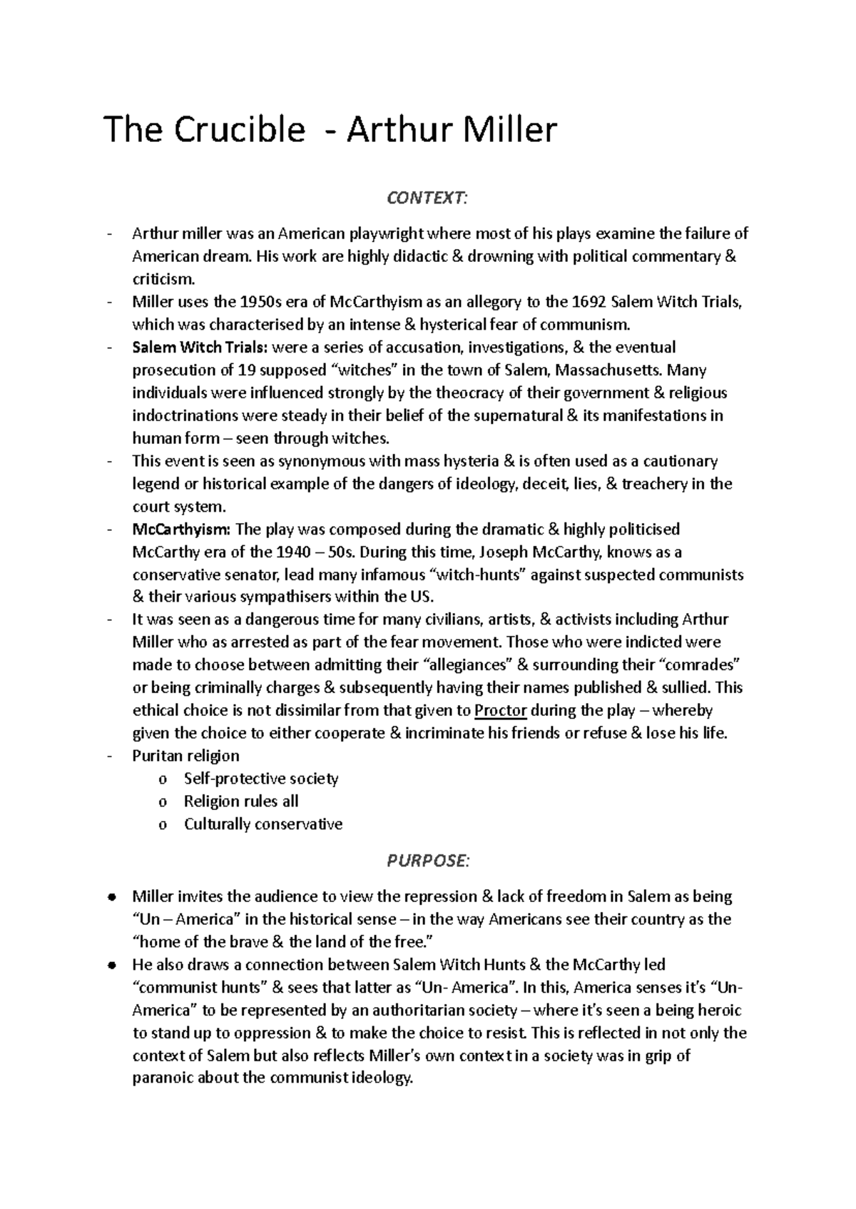 THE Crucible - The Crucible - Arthur Miller CONTEXT: - Arthur miller ...