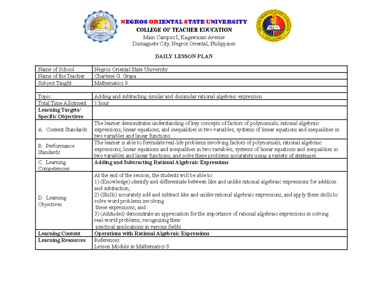 Detailed Lesson Plan Template 1 - COLLEGE OF TEACHER EDUCATION Main ...