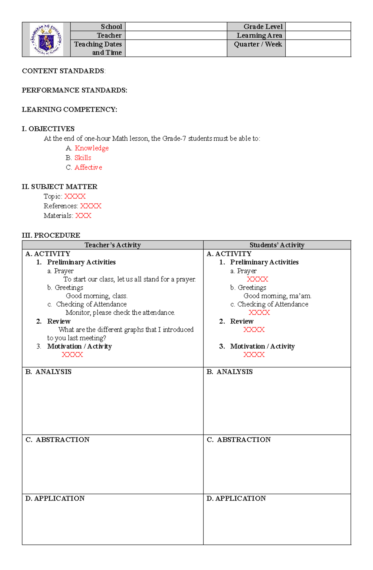4A's lesson plan template for math teaching activities and objectives ...