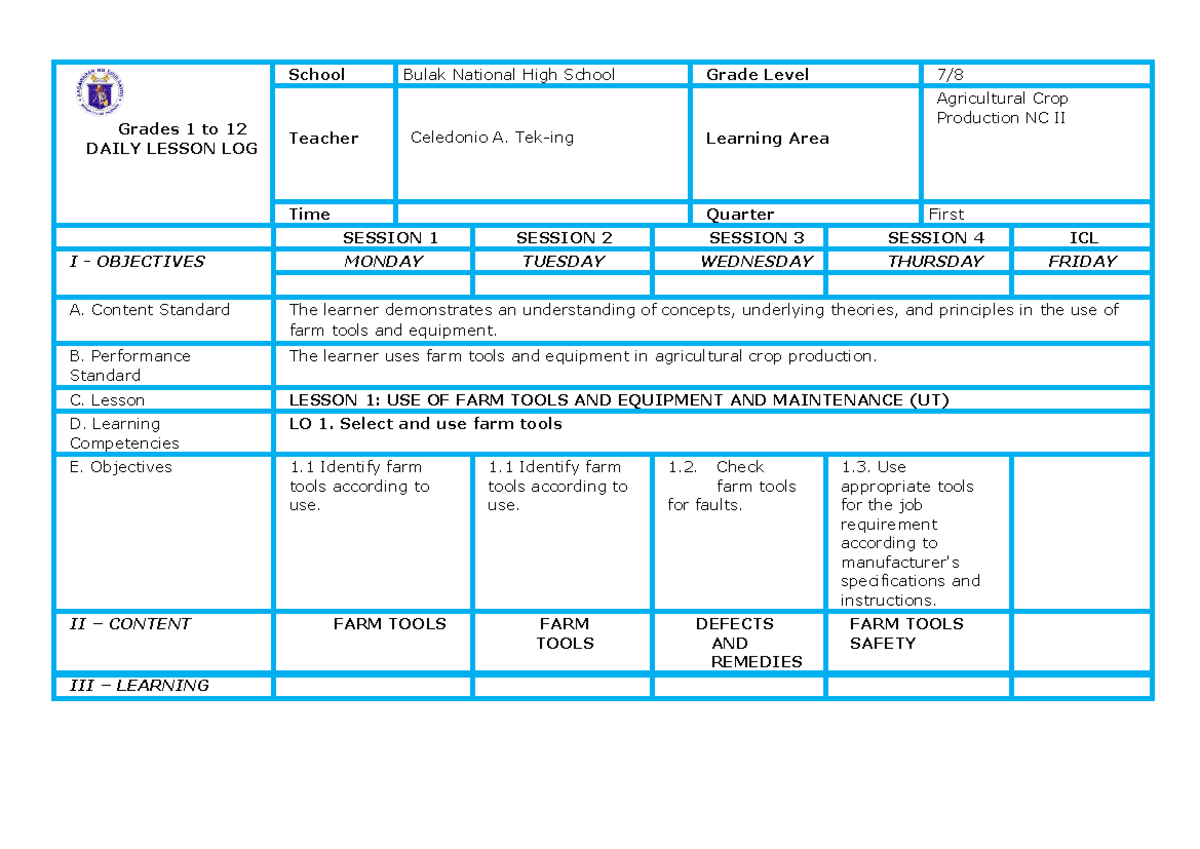 DLL IN Agricrops 7,8 - Grades 1 to 12 DAILY LESSON LOG School Bulak ...