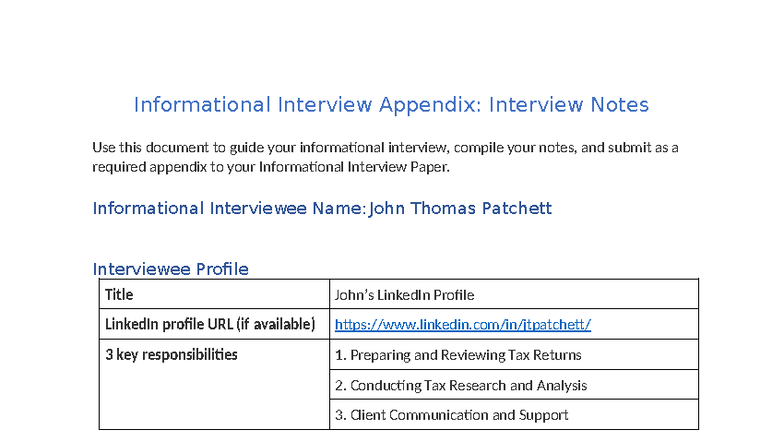 Appendix: Informational Interview Notes for Paper - Studocu