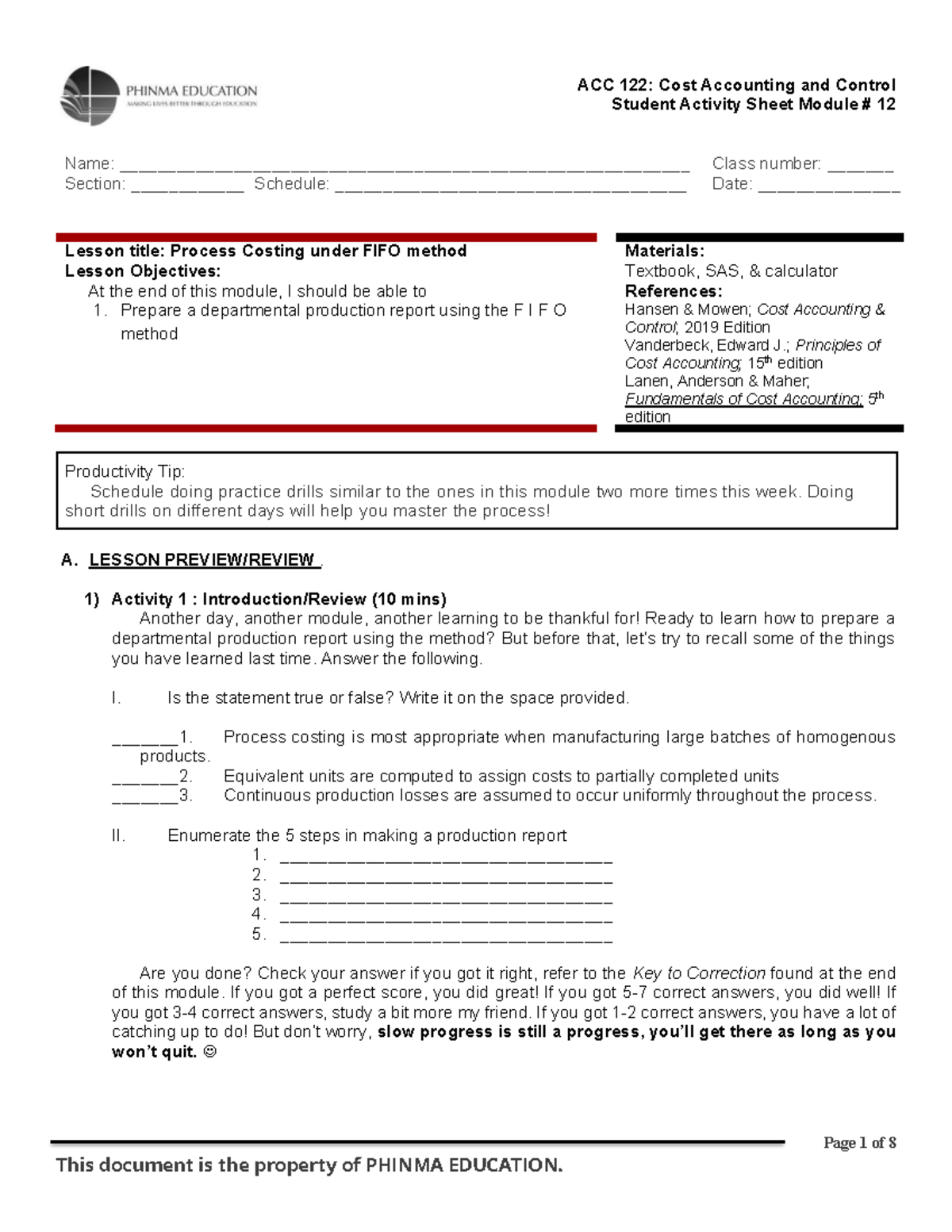 ACC 122: Cost Accounting & Control - Module 12 Activity Sheet - Studocu