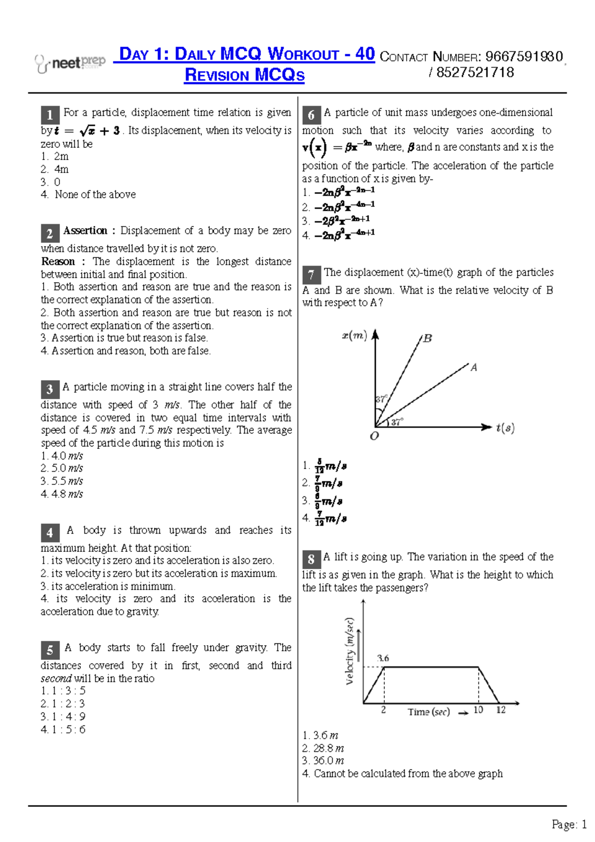 Day 1 Daily MCQ Workout - 40 Revision MCQs - 1 For a particle ...