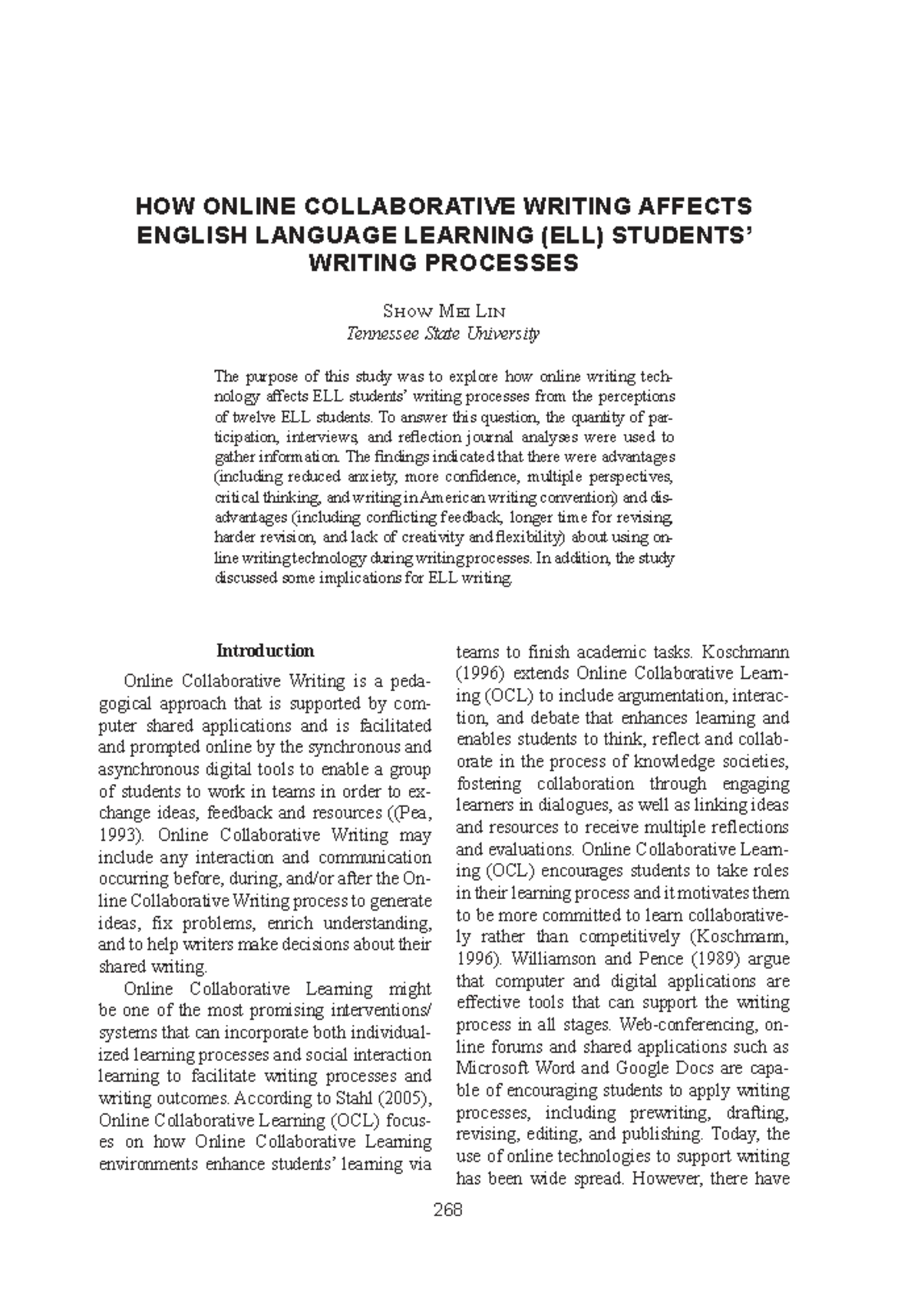 Effects of Online Collaborative Writing on ELL Students' Processes ...