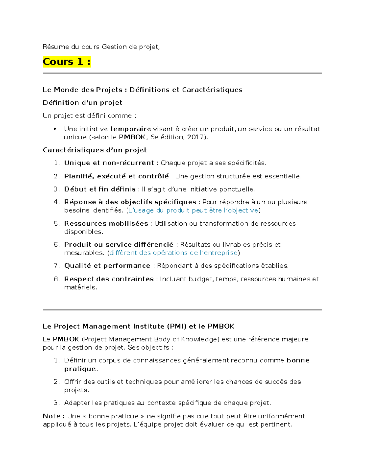 Résumé du cours Gestion de projet - Cours 1 : Définitions et ...