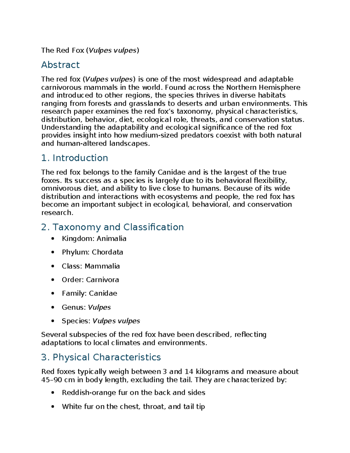 Red Fox (Vulpes vulpes) Research Paper: Ecology & Behavior Insights ...