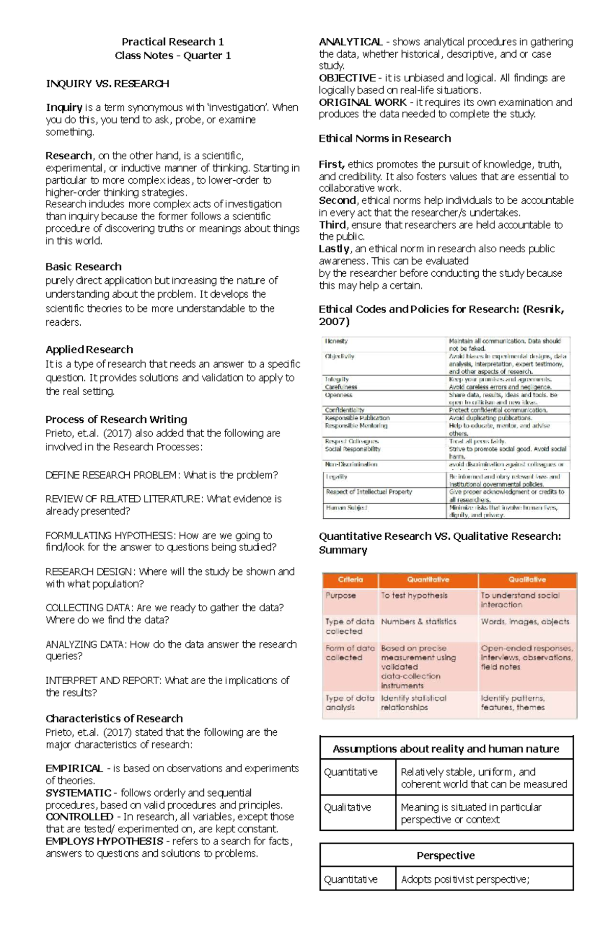 Practical Research 1 Class Notes: Inquiry vs. Research Overview - Studocu