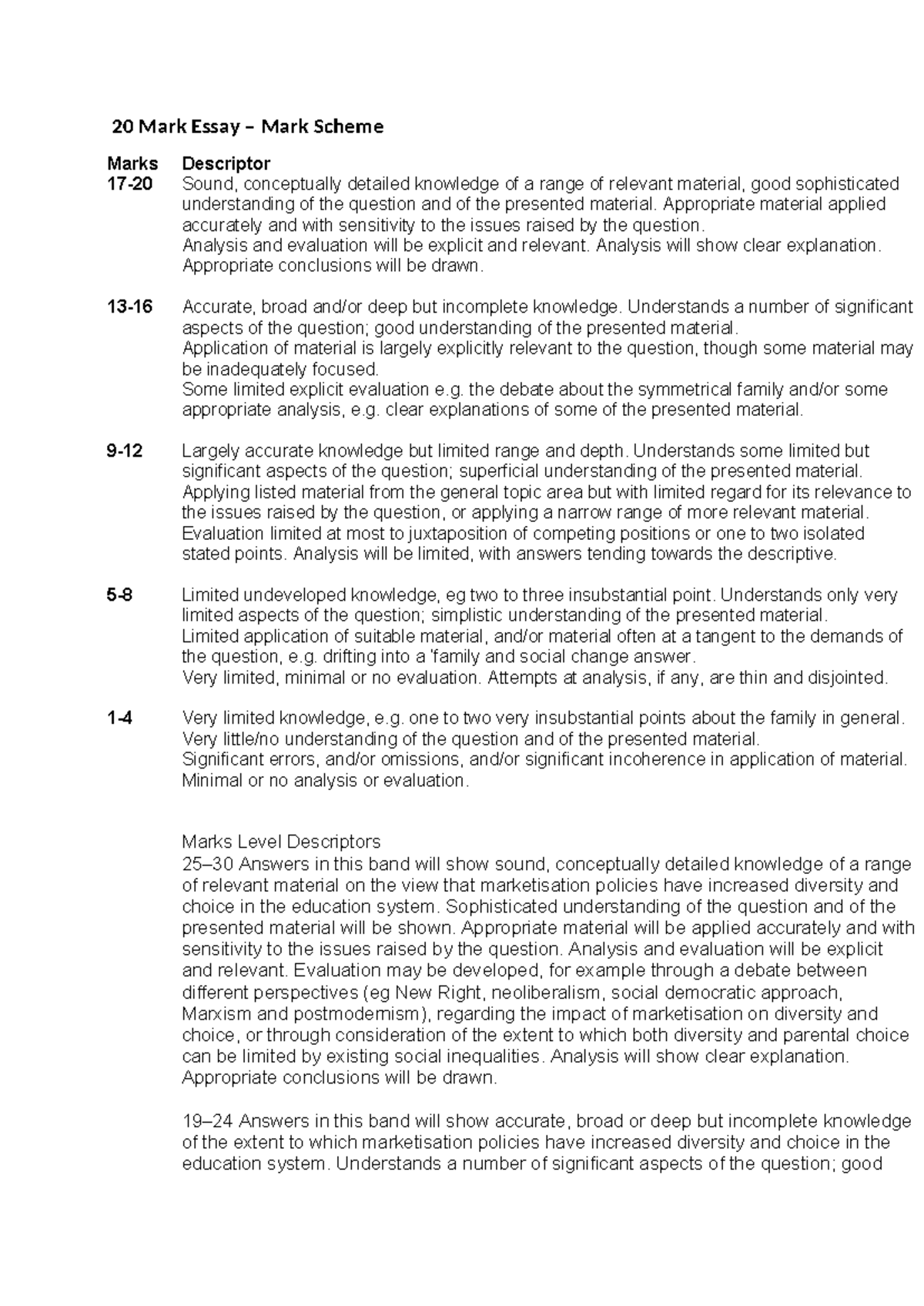 20-Mark Essay Assessment Criteria and Descriptors Analysis - Studocu
