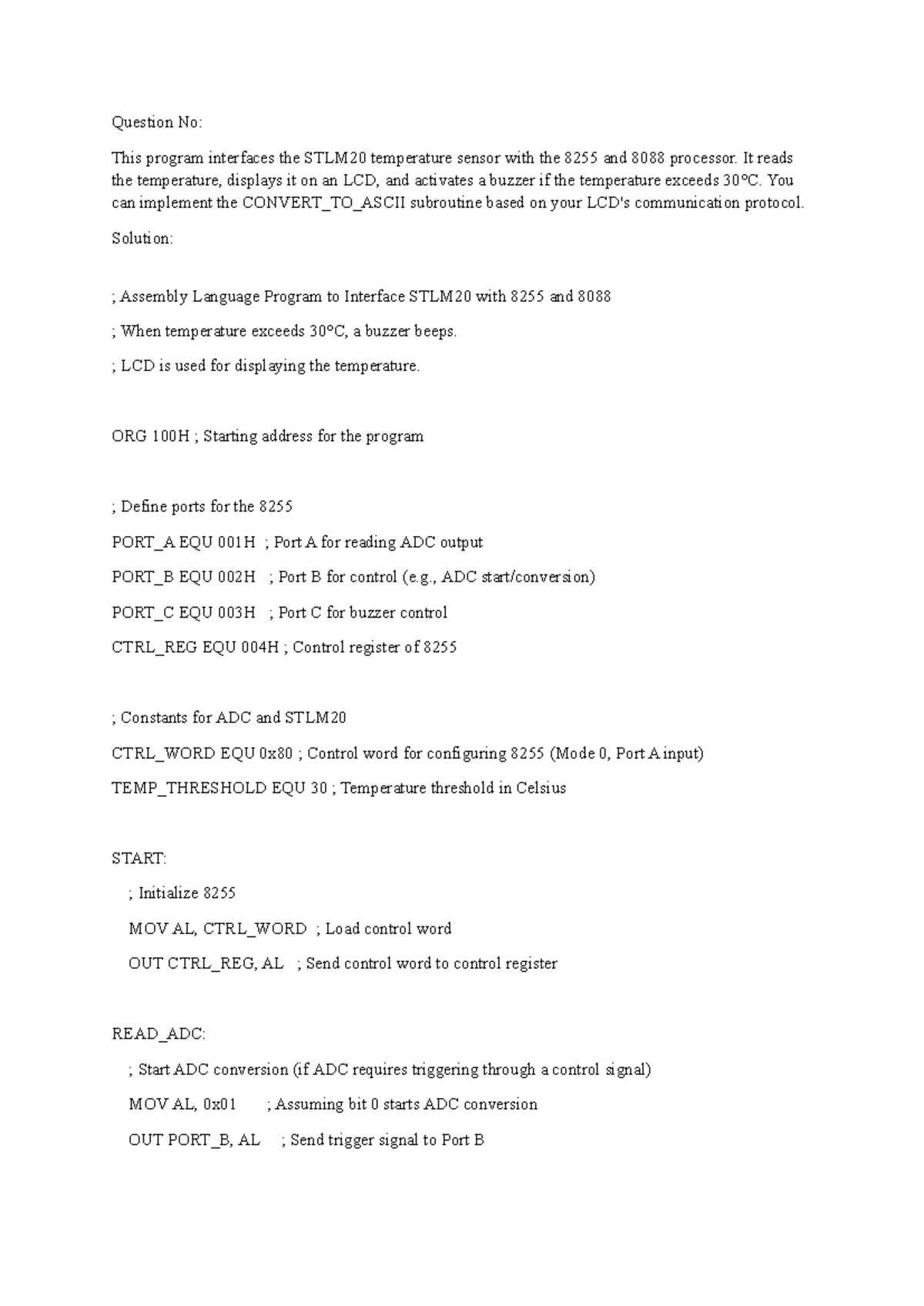 Assembly Language Program: Interfacing STLM20 with 8255 & 8088 - Studocu