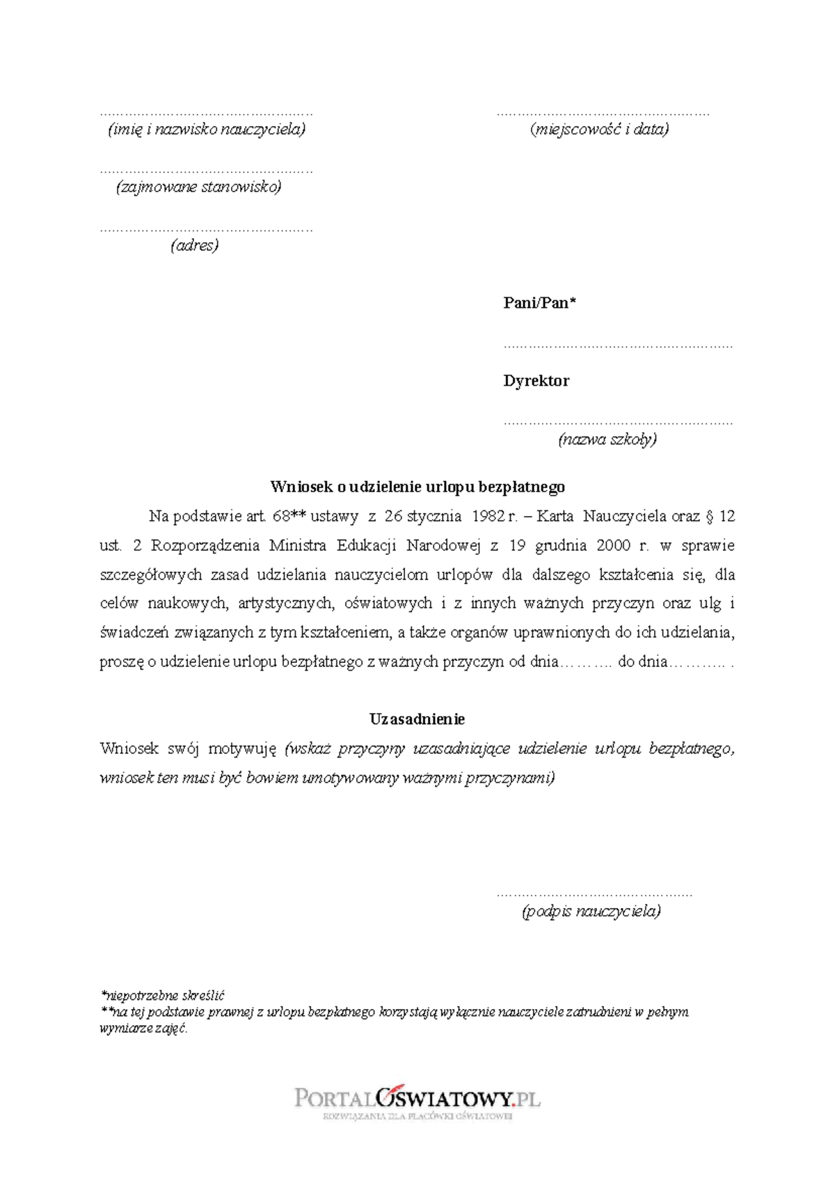 Wniosek o Urlop Bezpłatny Nauczyciela - Karta Nauczyciela - Studocu