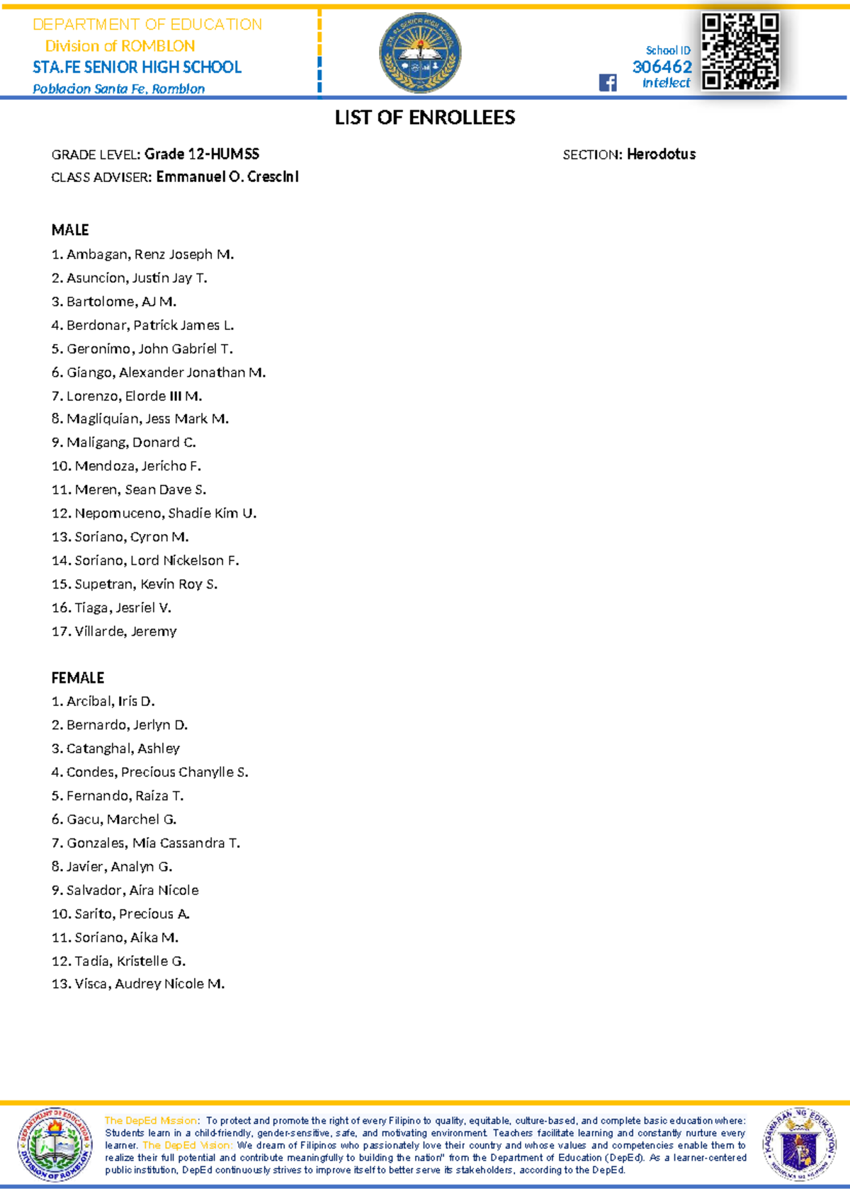 LCS-S4-W1: List of Enrollees for Grade 12 - Herodotus Section - Studocu