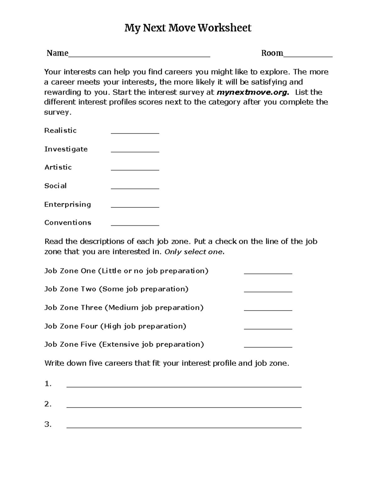 Next Move Career Exploration Worksheet - Interests & Job Zones - Studocu