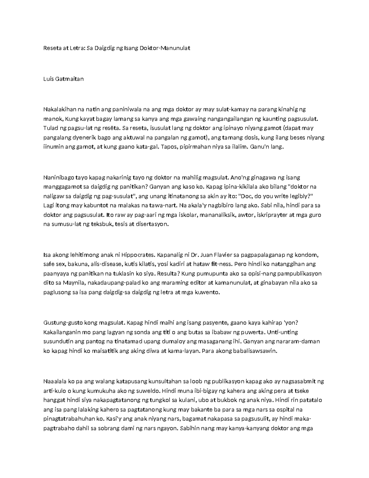 Reseta at Letra: Pagsusuri ng Isang Doktor sa Panitikan - Studocu