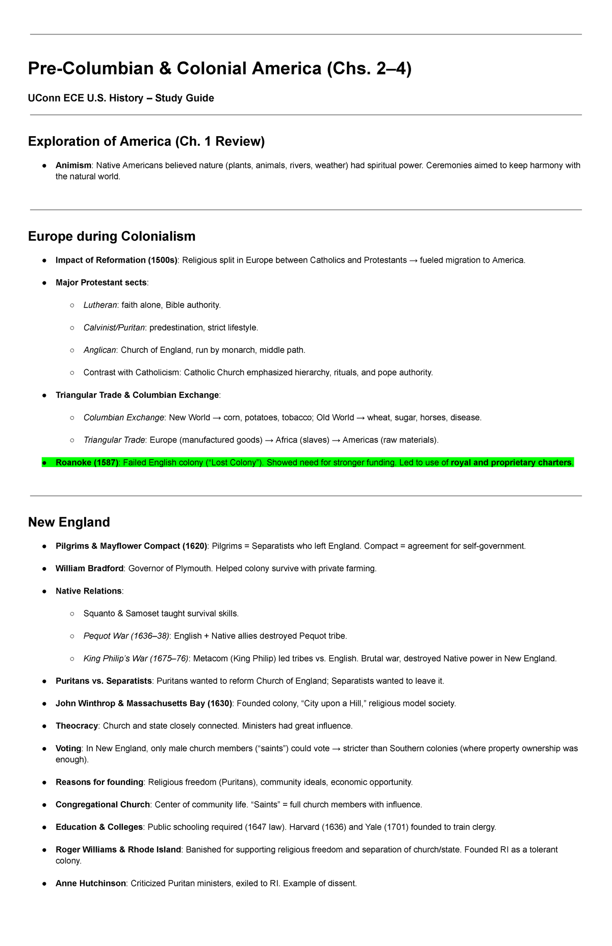 UConn ECE U.S. History Study Guide: Colonial America Overview - Studocu