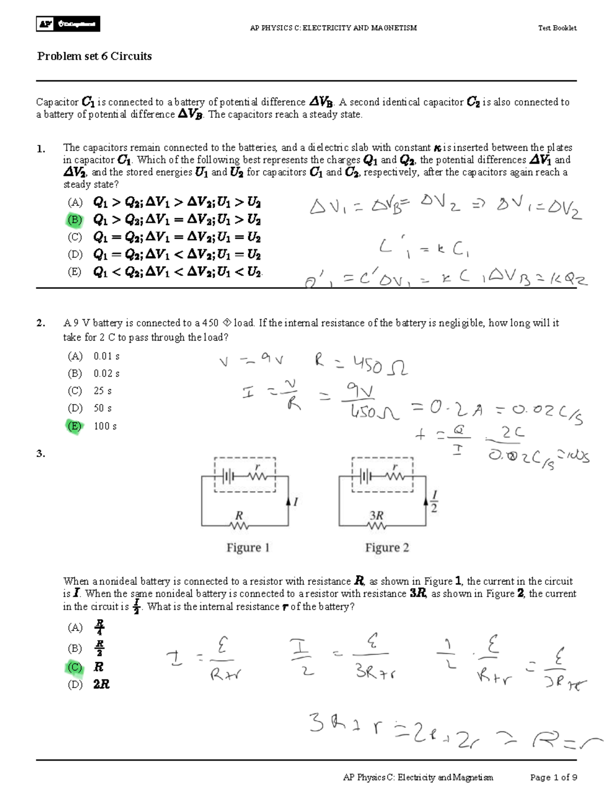 AP PHYSICS C: ELECTRICITY AND MAGNETISM Test Booklet Problem Set 6 ...