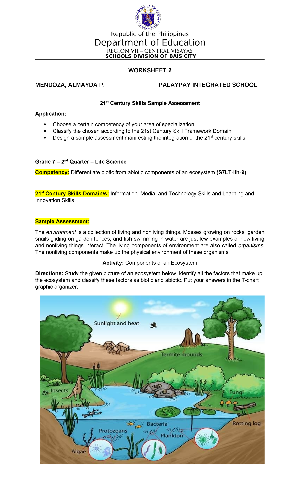 Worksheet 2: 21st Century Skills Assessment for Grade 7 Life Science ...