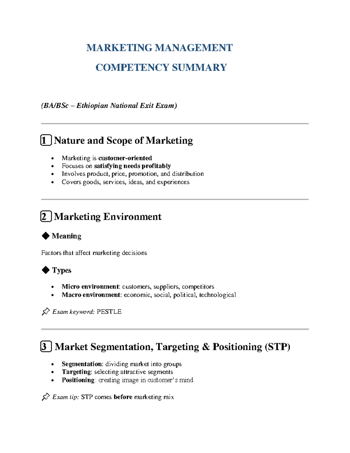 Marketing Management Exit Exam Summary (Ethiopian National Exit Exam ...