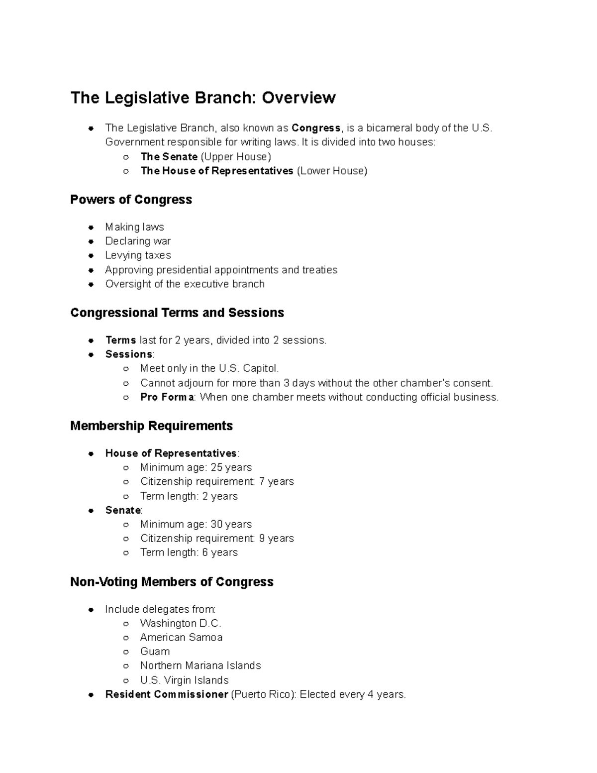 The Legislative Branch Overview - Government responsible for writing ...