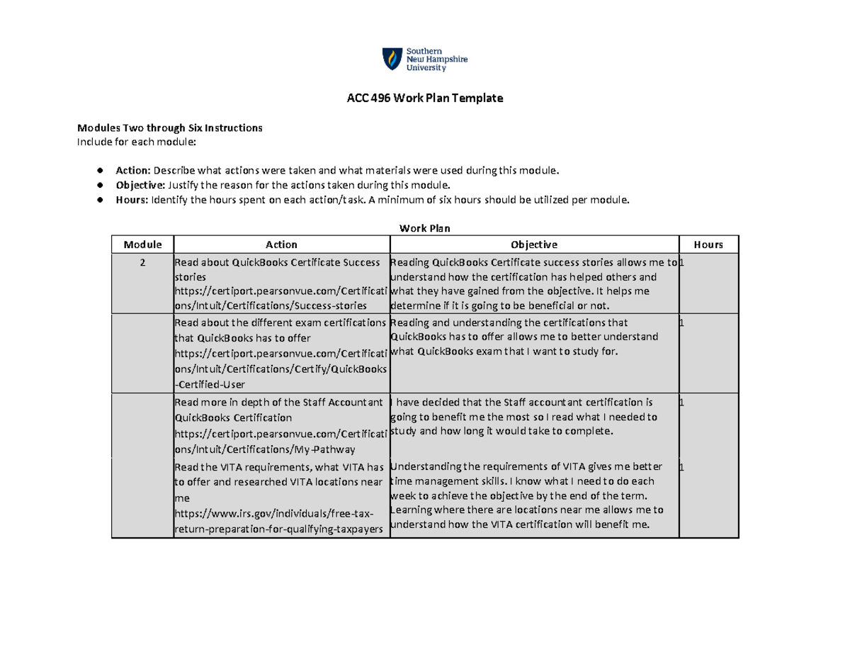 ACC 496 Work Plan Template for Modules 2-6 - Studocu