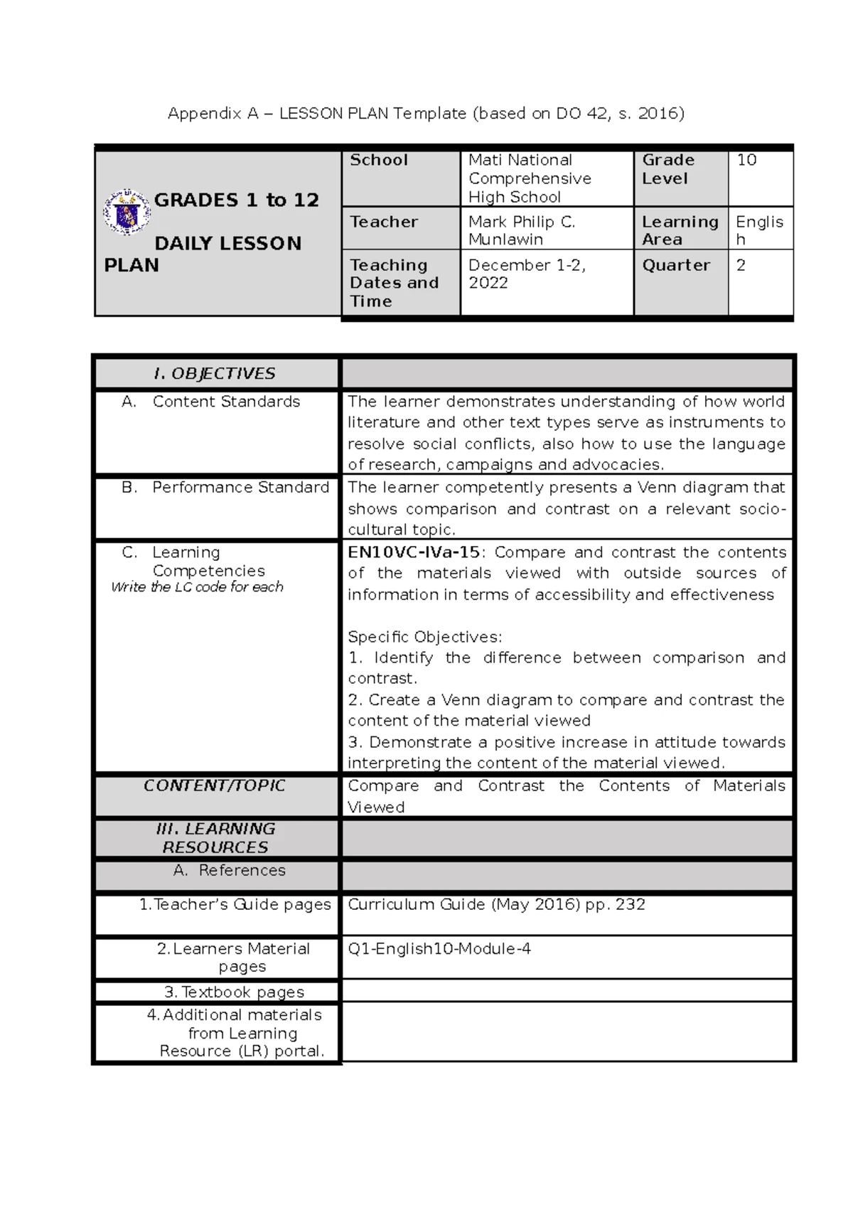 3. LP - Appraising the Unity of Plot, Setting and Characterization - Grade 10 1Q - LESSON PLAN ...