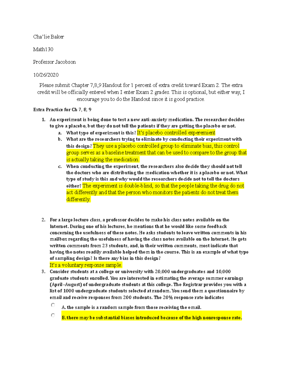 Ch 7 8 9 Extra Practice Sum18 - Cha’lie Baker Math Professor Jacobson 10/26/ Please submit ...