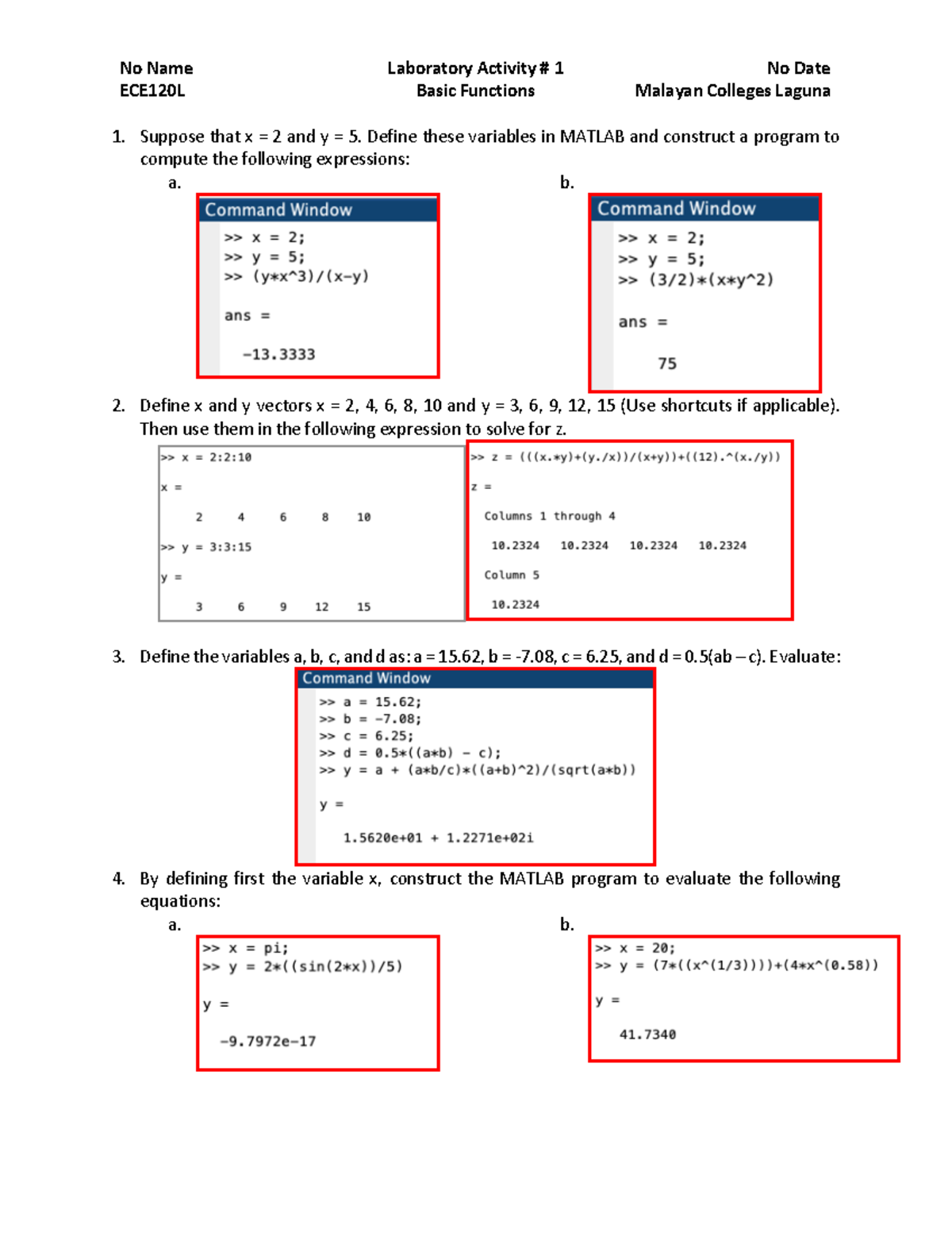 ECE120L: Introduction to MATLAB - Laboratory Activity 1 - Basic Functions - No Name Laboratory ...