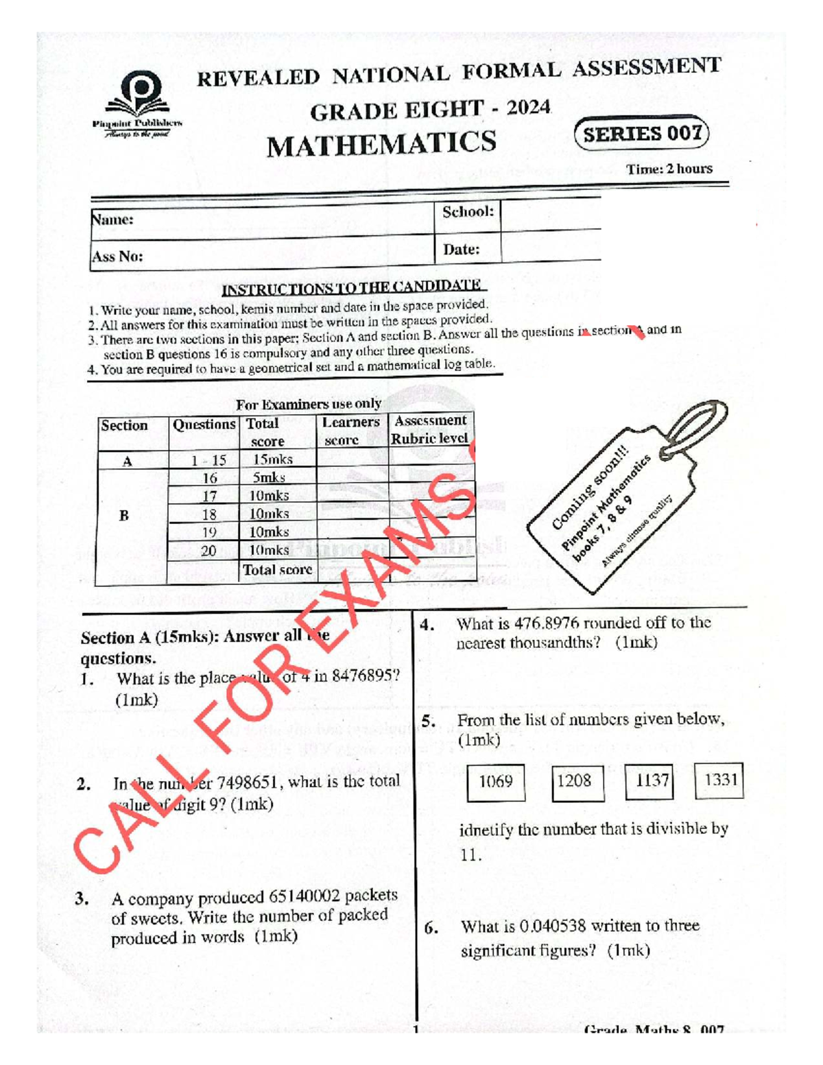 Revealed 2024 Grade 8 Mathematics Assessment 007 - Studocu