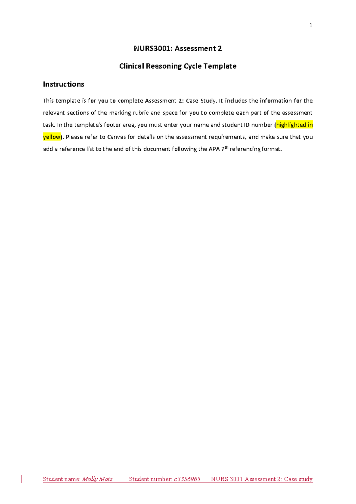 NURS3001: Assessment 2 Case Study on Clinical Reasoning Cycle for Luna ...