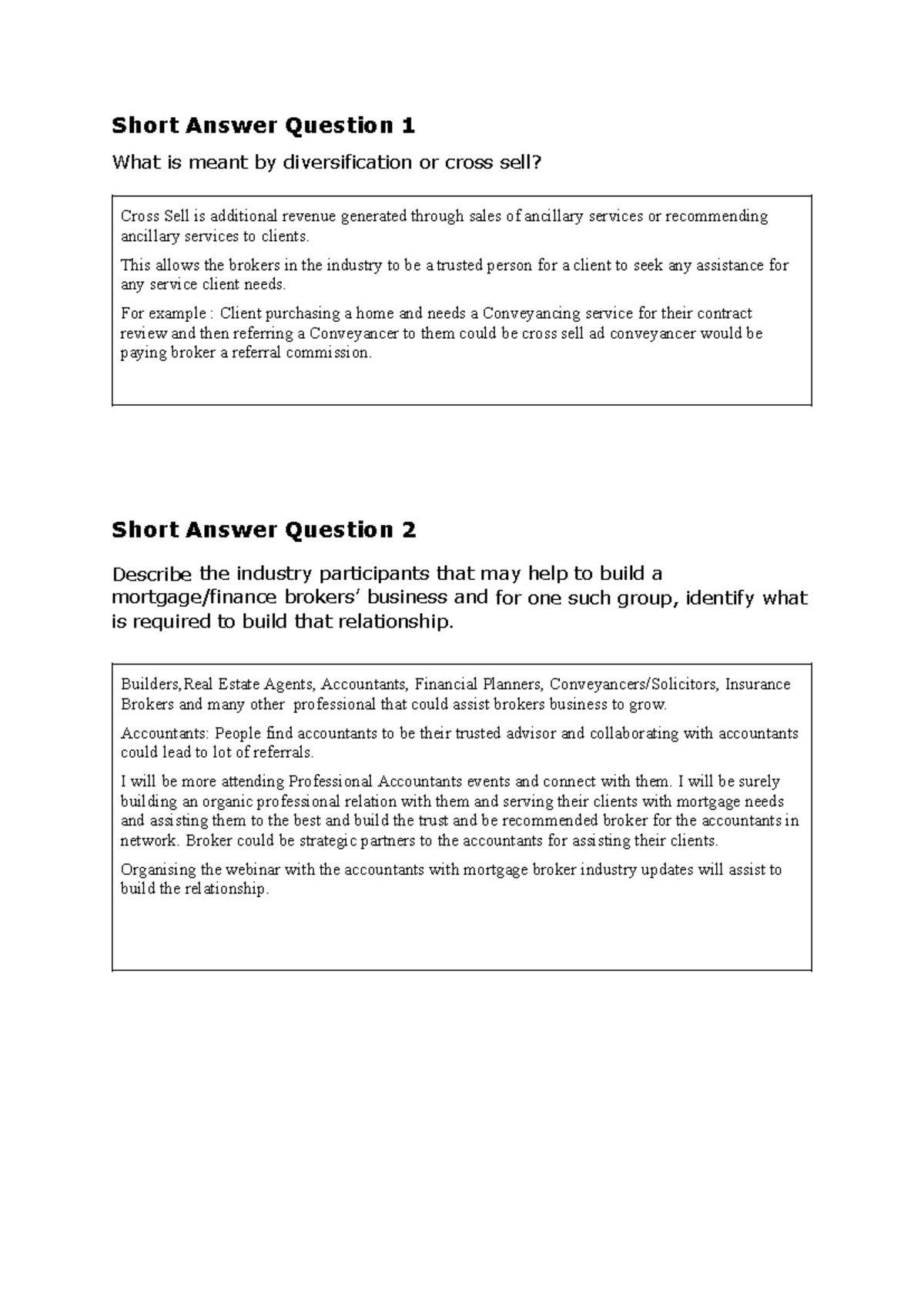 Short Answer Questions on Cross Selling & Industry Partnerships - Studocu