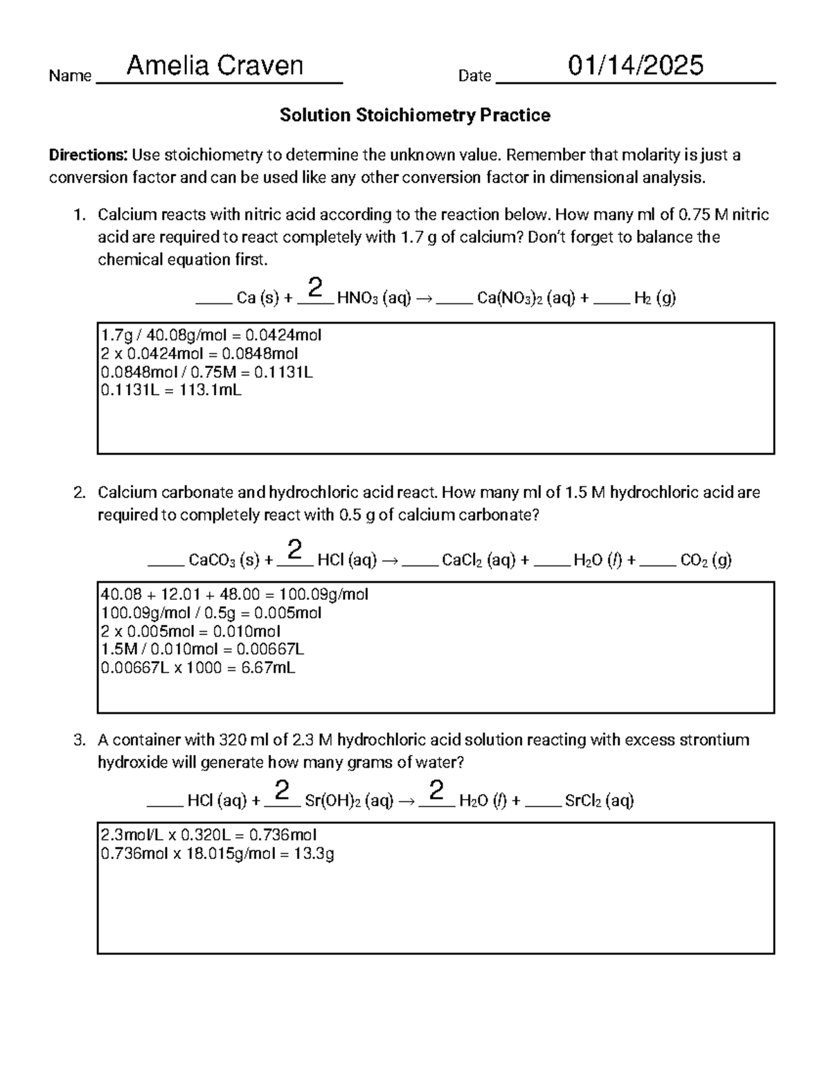 Solution Stoichiometry Practice Problems and Exercises - Studocu