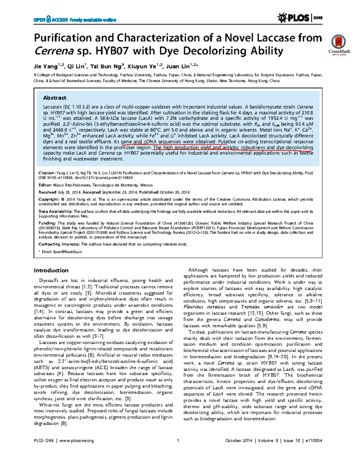 Purification and Characterization of Laccase from Cerrena sp. HYB07 for ...