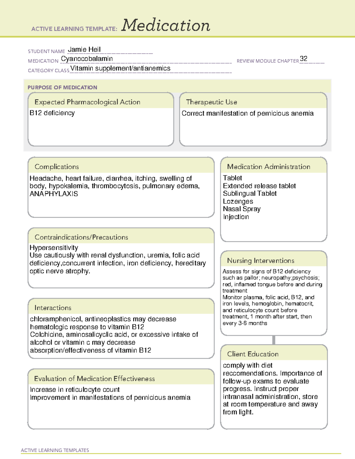 Cyanocobalamin (B12) Medication Card - Nursing Study Guide - Studocu