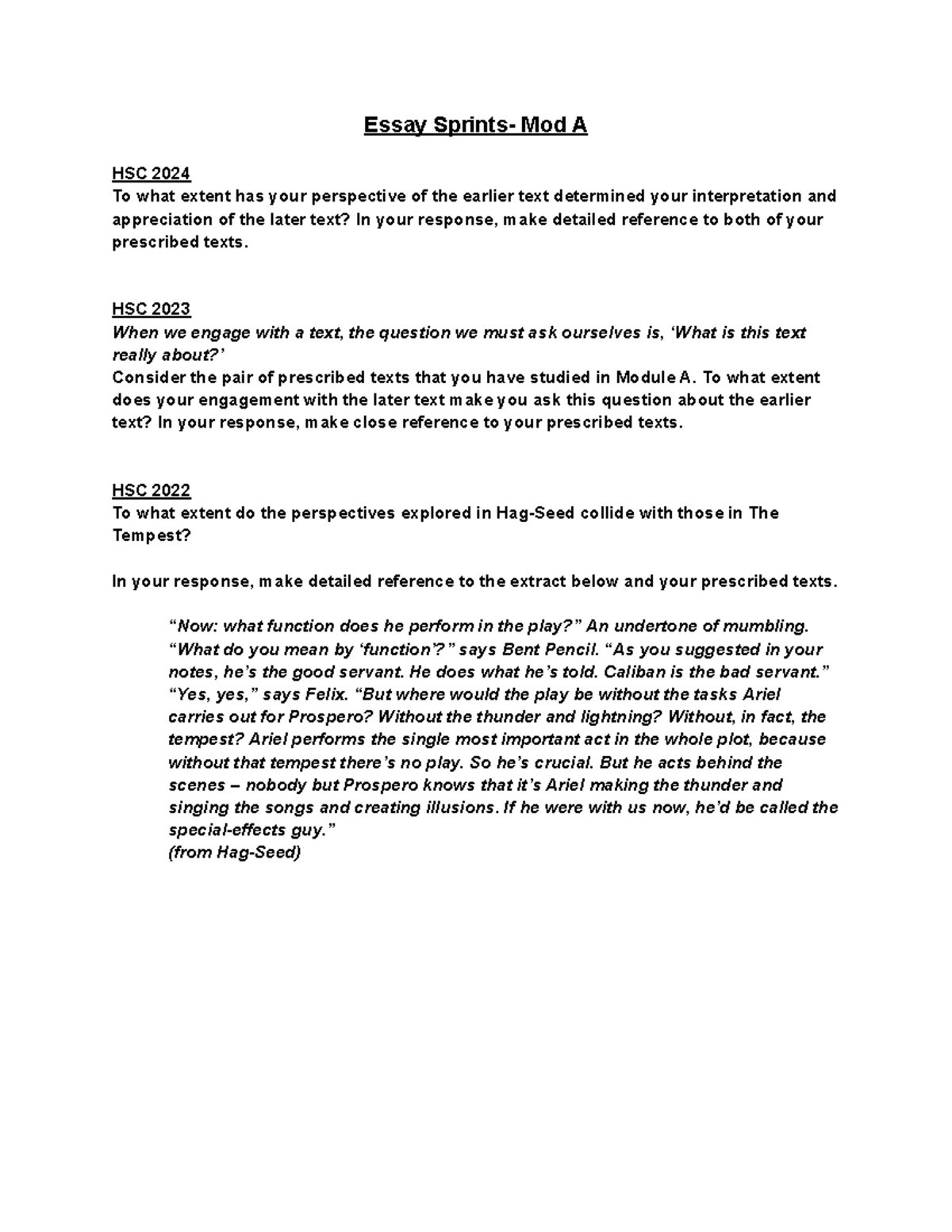 Essay Mod A HSC 2024: Perspectives on Textual Interpretation - Studocu