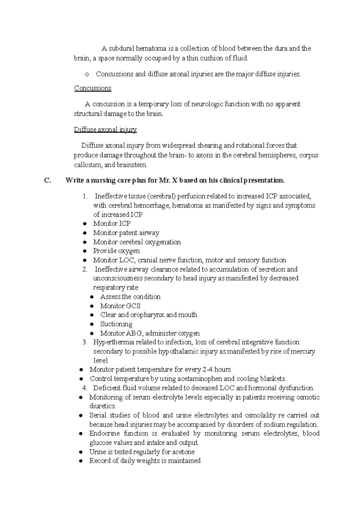 3- Neurological-2 - Lecture Notes on Concussions & Care Plan - Studocu