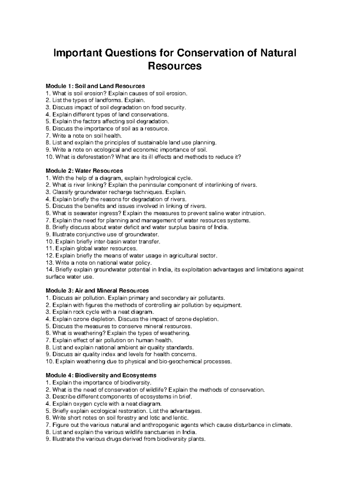 Important Questions for Conservation of Natural Resources (Module 1-4 ...