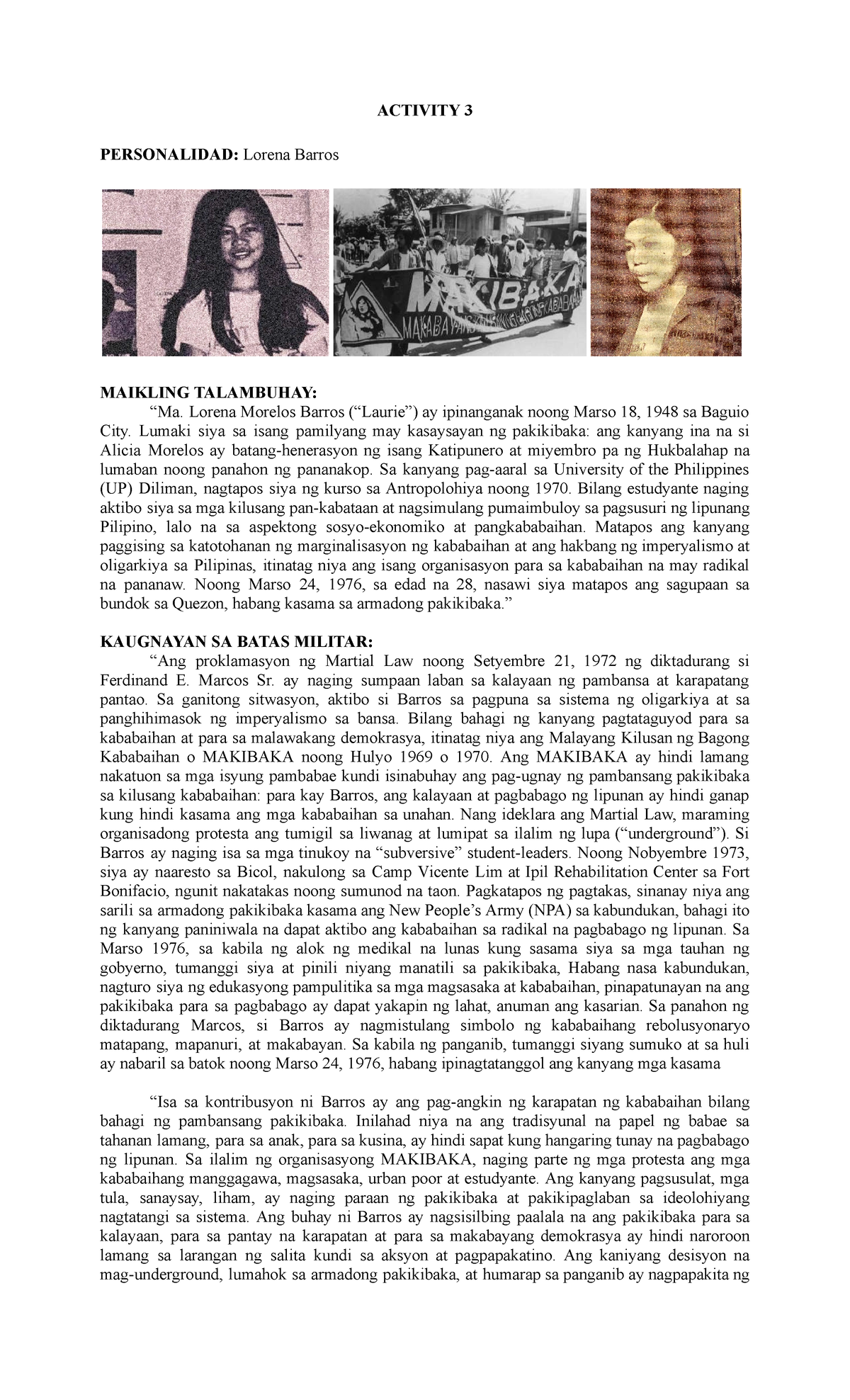 ACTIVITY 3: MAIKLING TALAMBUHAY NI LORENA BARROS - Studocu