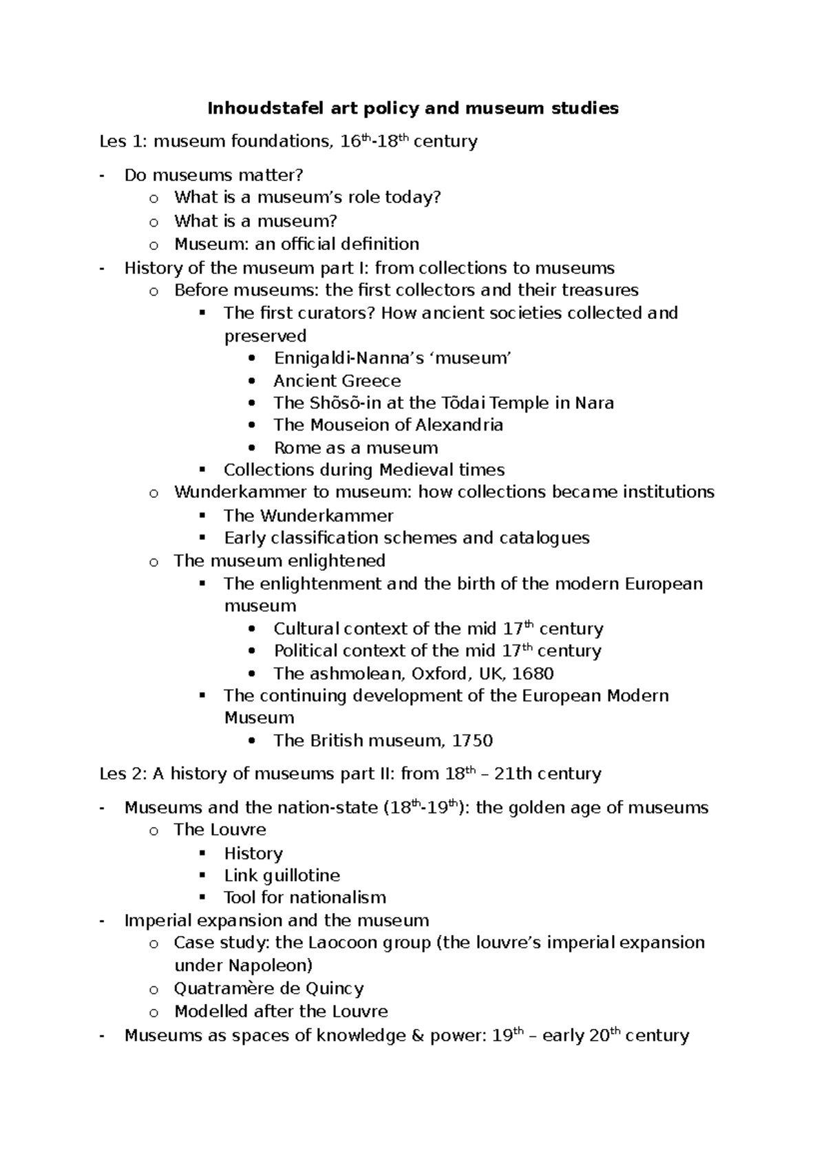 Inhoudstafel Museum Studies Les 1: Foundations & Historical Context ...