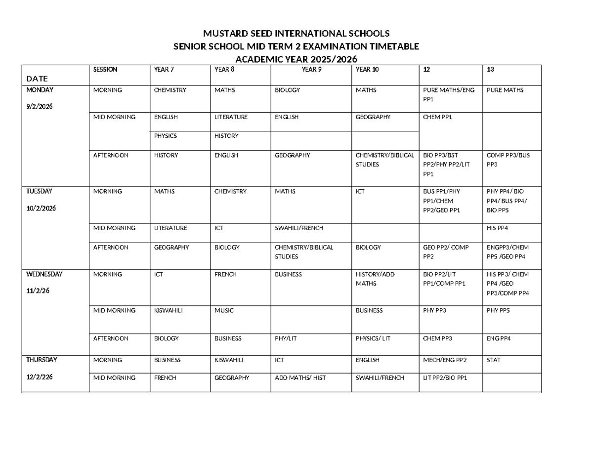 MUSTARD SEED INT'L SCHOOLS YEAR 10 MID TERM 2 EXAM TIMETABLE 2025/2026 ...