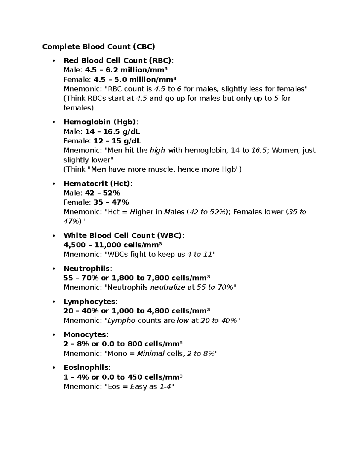 CBC Class Notes: Complete Blood Count Overview and Mnemonics - Studocu