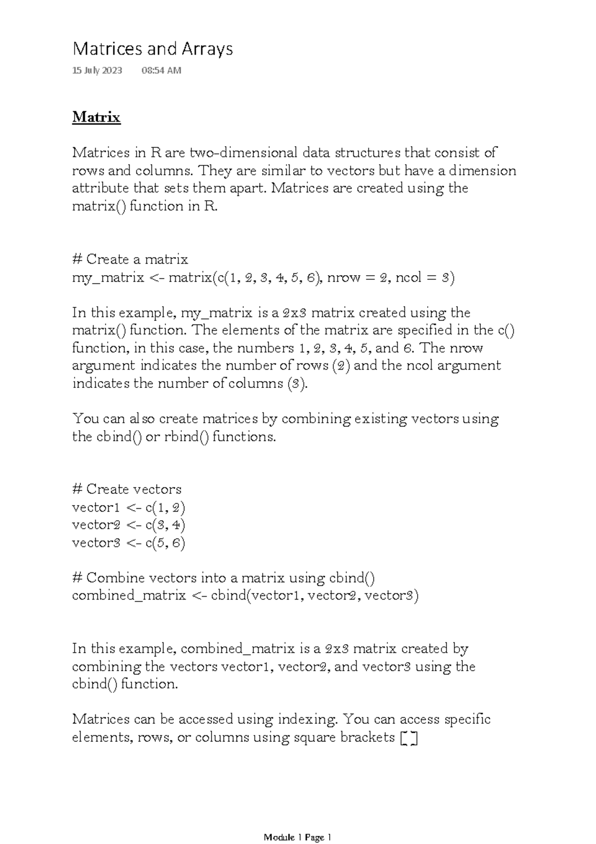 Matrices and Arrays in R - Big Data Concepts - Studocu