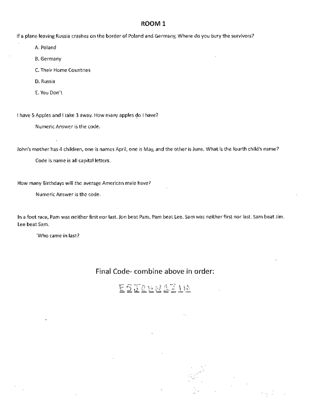 Escape Room Answer Key - class work - ROOM 1 If a plane leaving Russia ...